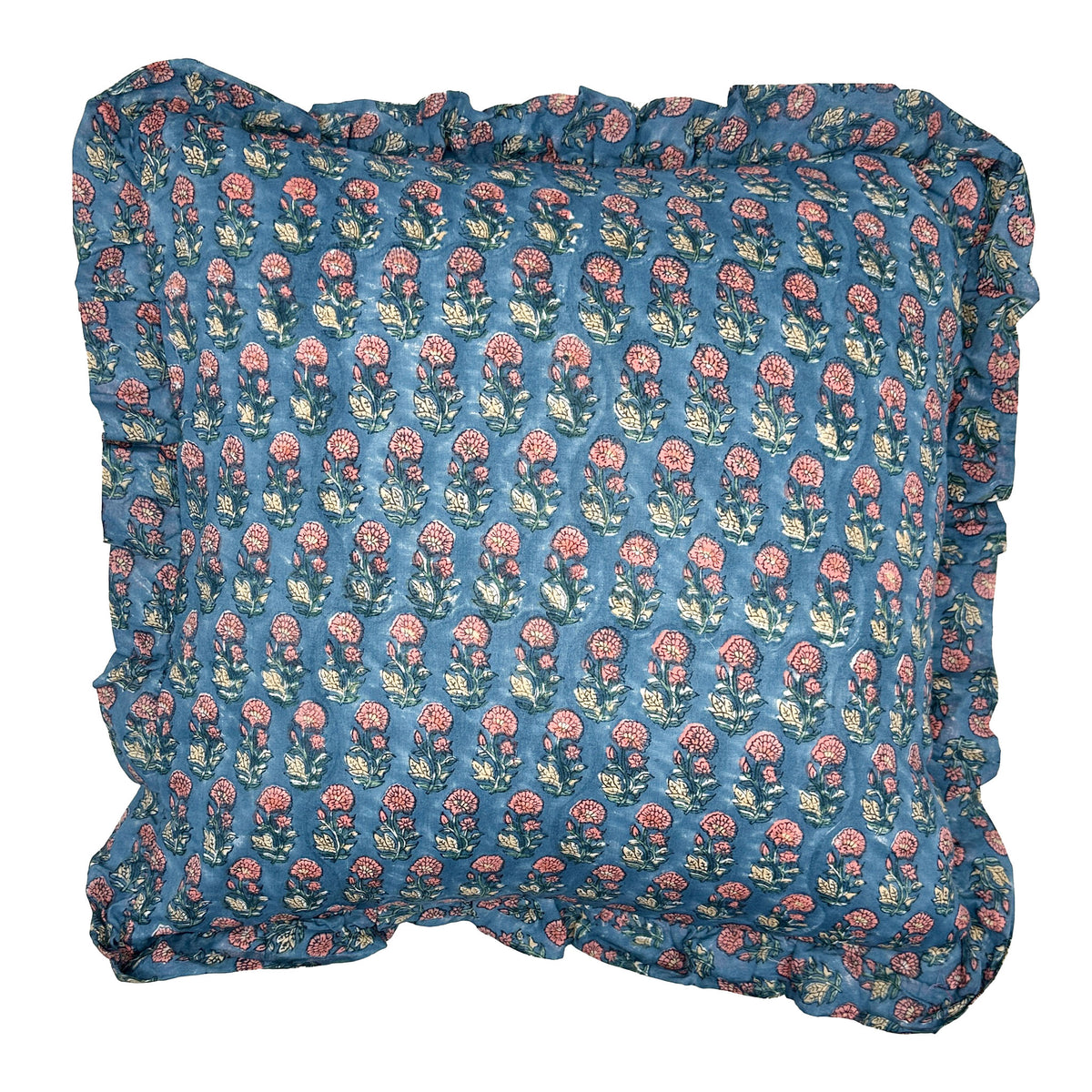 Large hand block frilled cotton cushion - Gloria – Huddle Collection