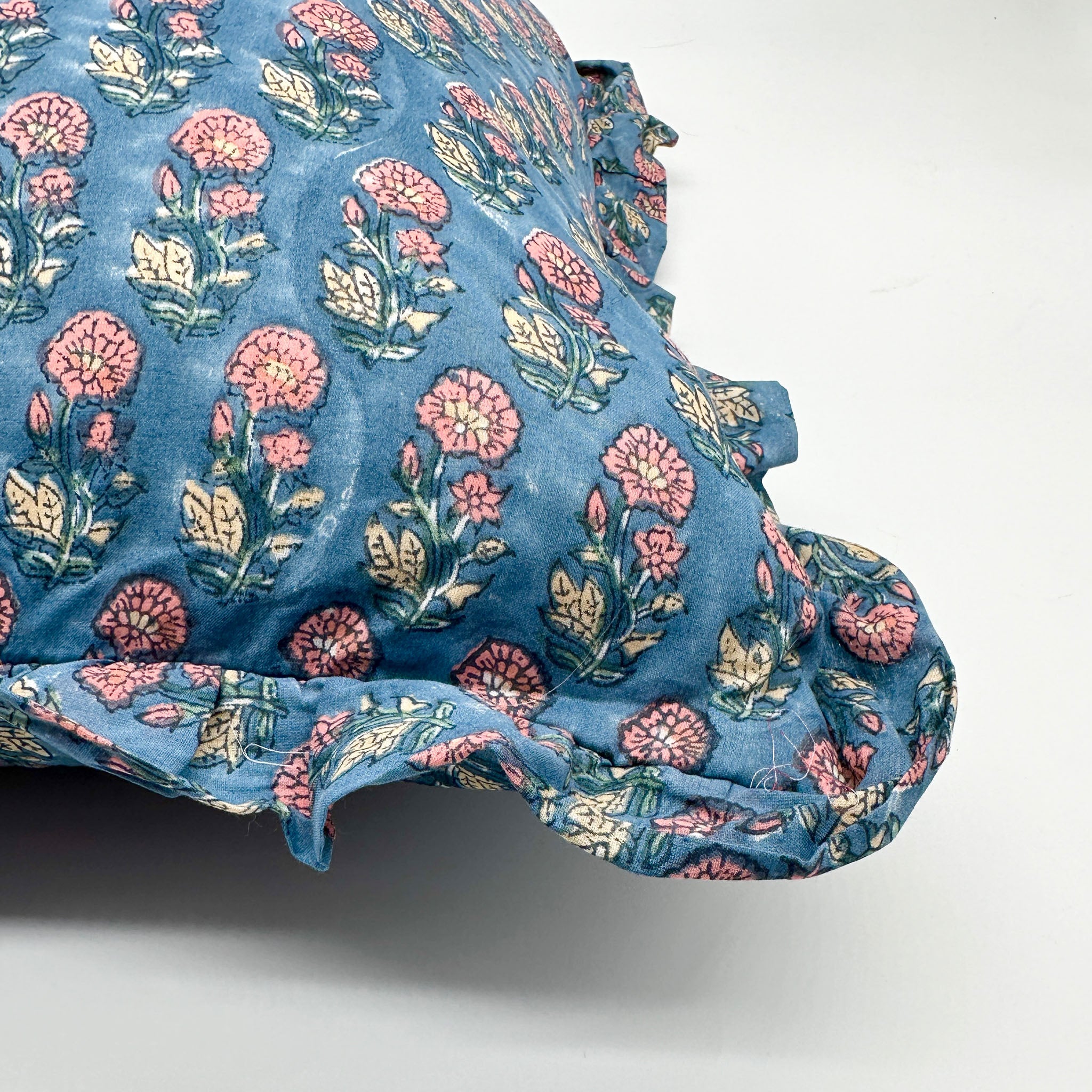 Large hand block frilled cotton cushion - Gloria – Huddle Collection