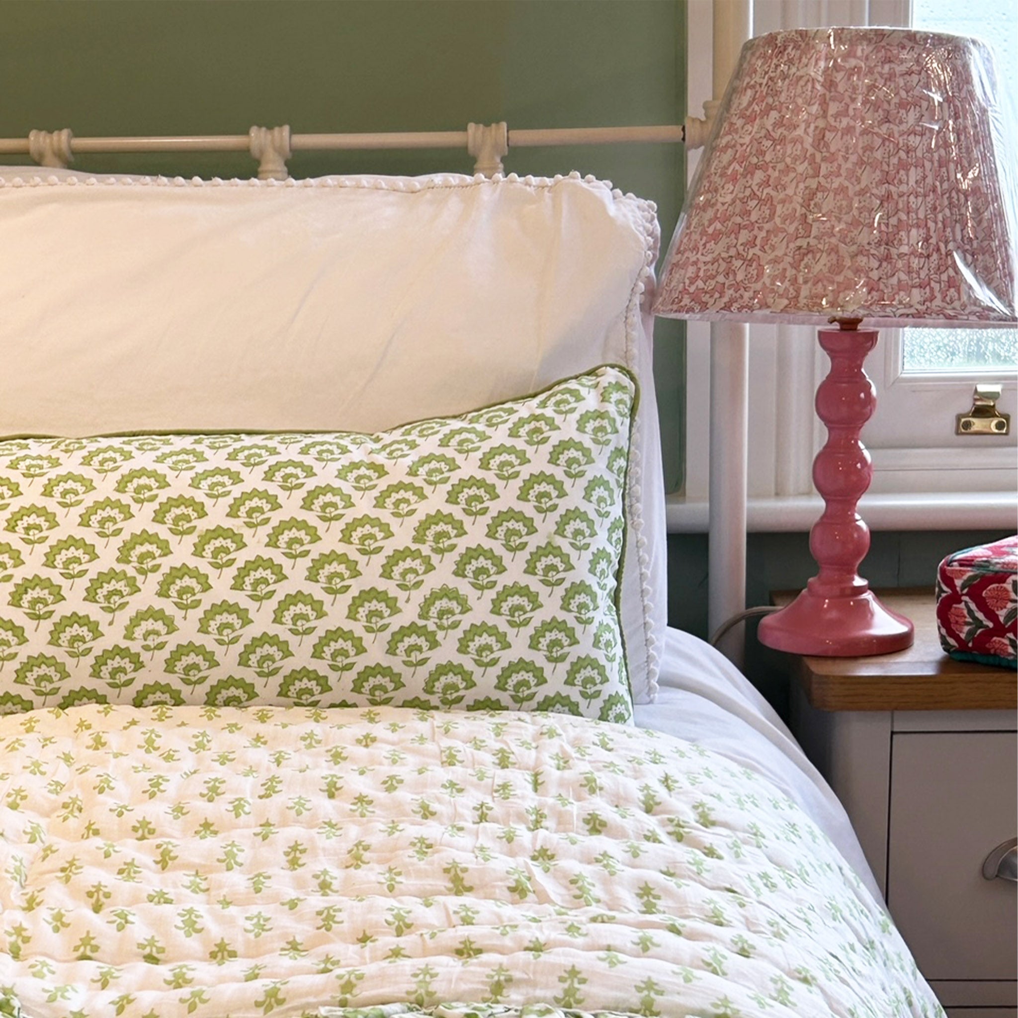 Lumbar hand block piped trim cushion - Jennie in Green – Huddle Collection
