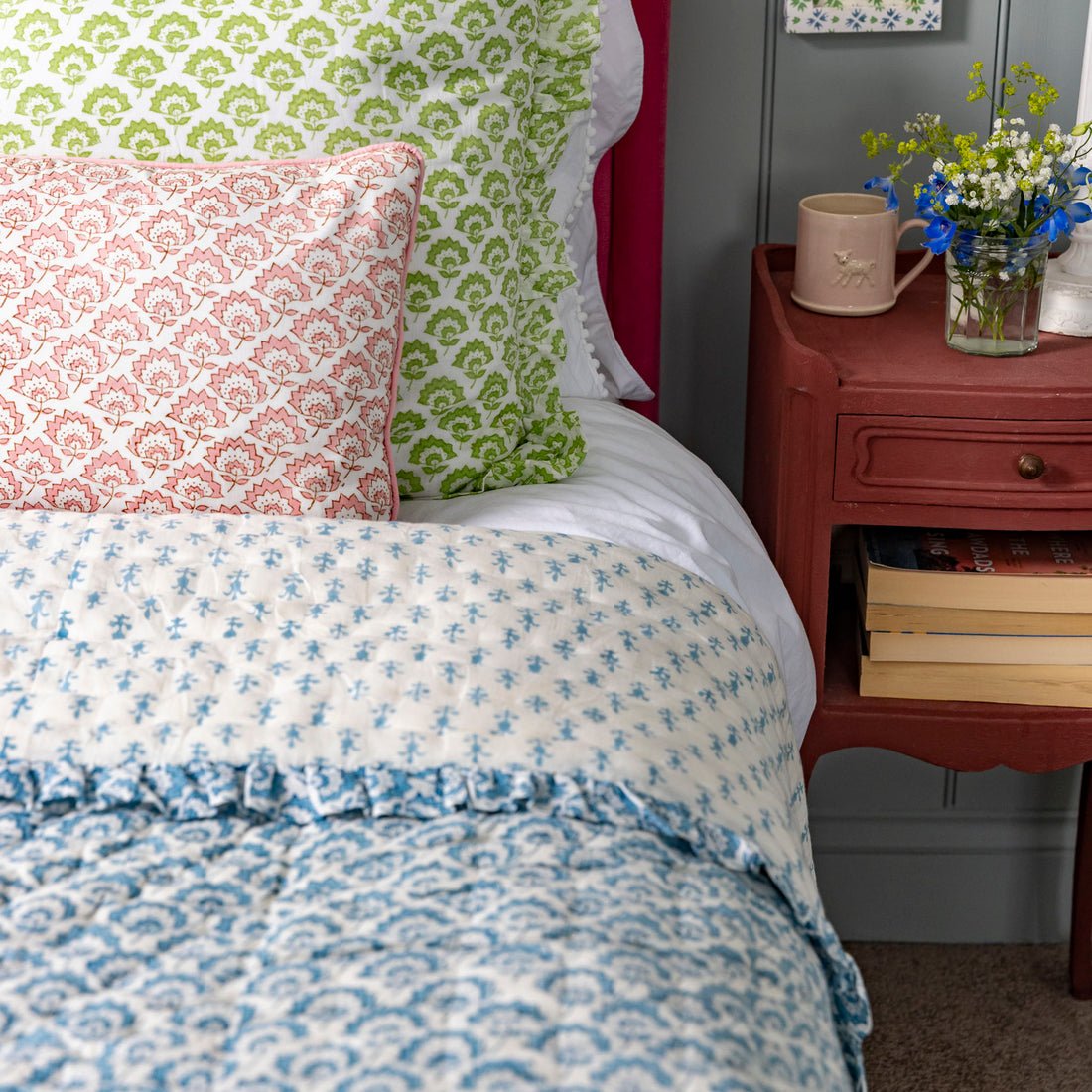 Jennie Handmade Block Print Cotton Quilt in Pale Blue – Huddle Collection