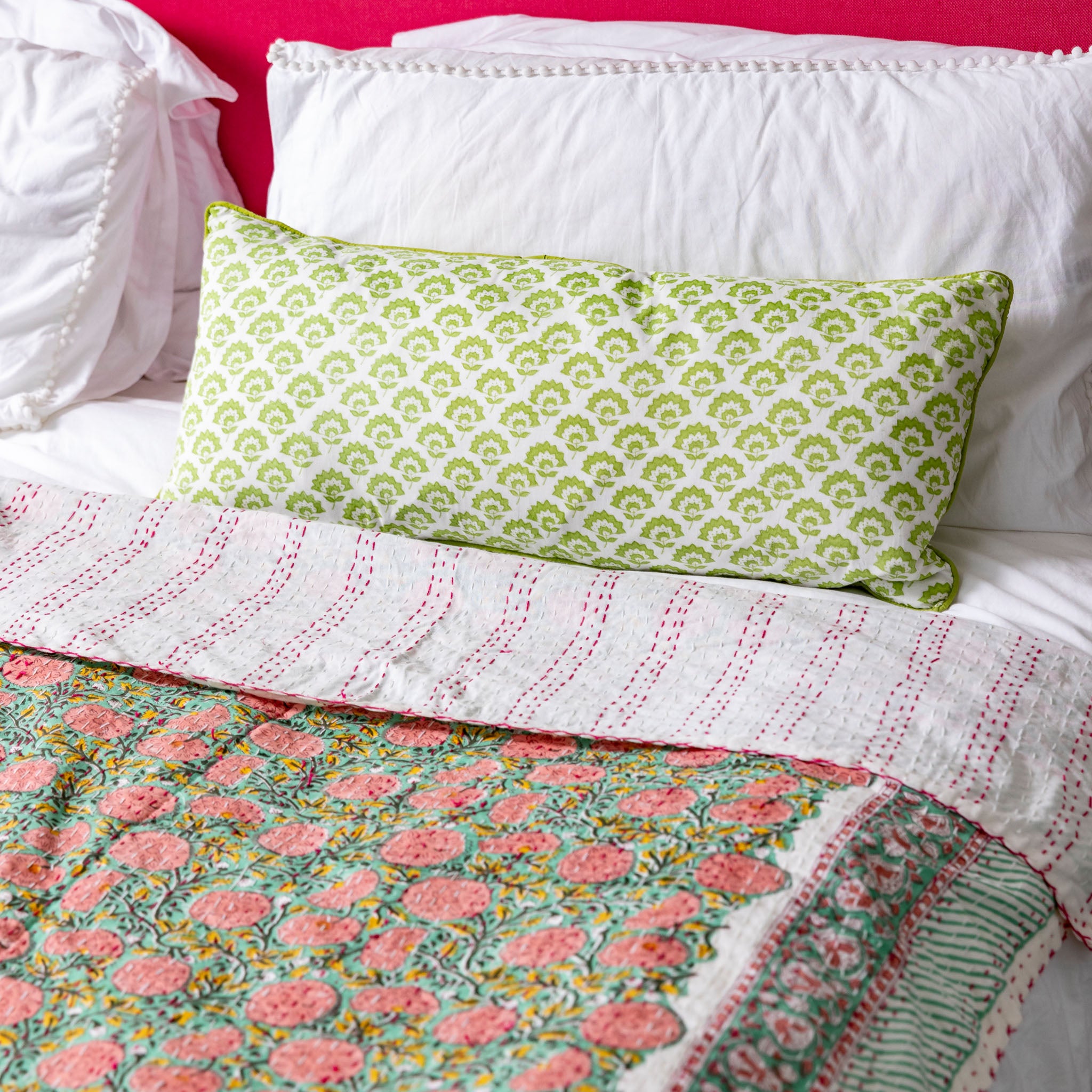 Lumbar hand block piped trim cushion - Jennie in Green – Huddle Collection