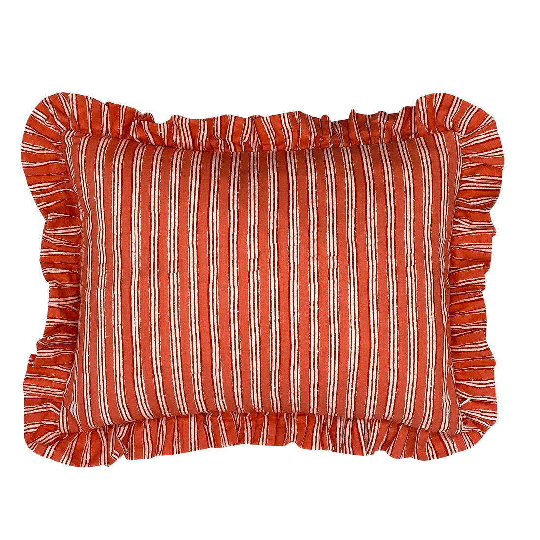 Hand block frilled cotton cushion - Sally in Coral – Huddle Collection