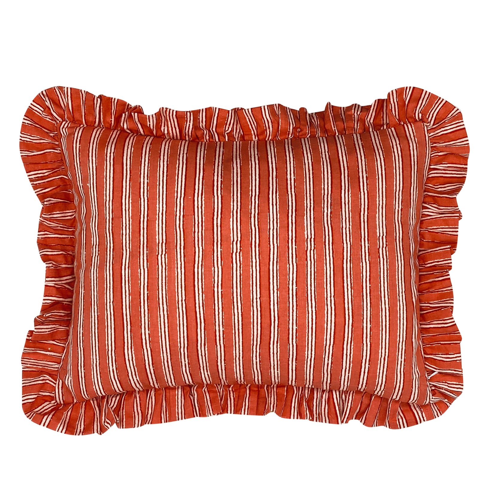 Hand block frilled cotton cushion - Sally in Coral – Huddle Collection