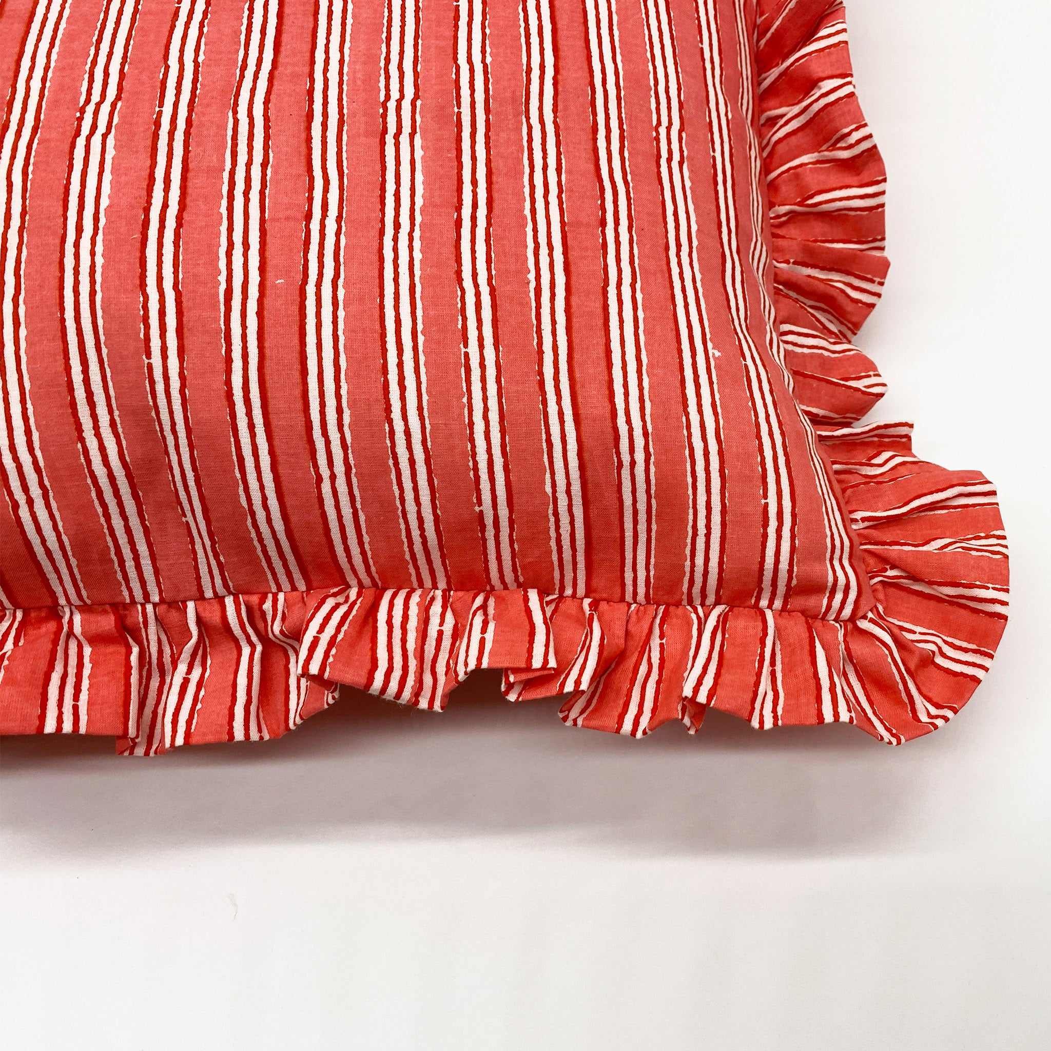 Hand block frilled cotton cushion - Sally in Coral – Huddle Collection