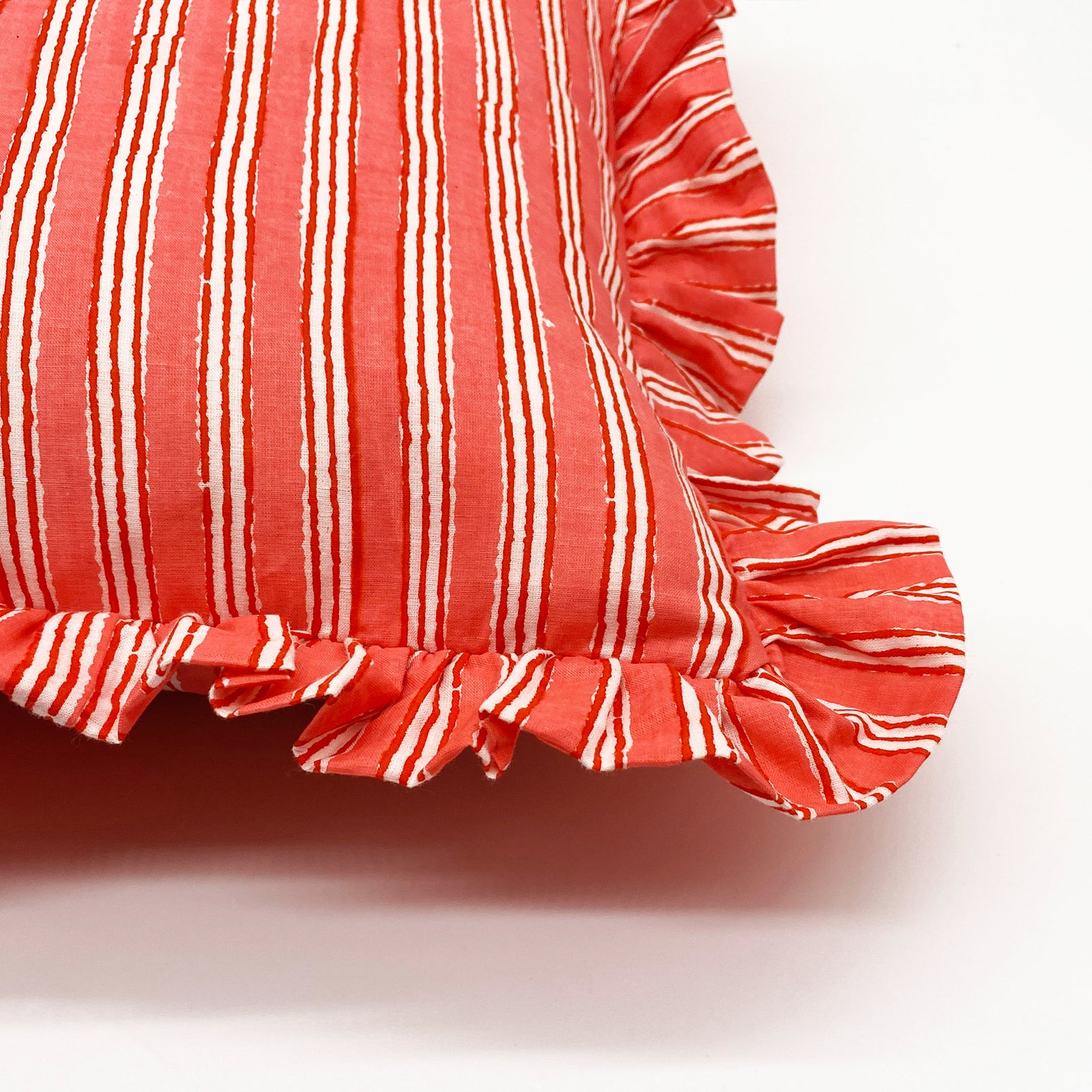 Hand block frilled cotton cushion - Sally in Coral – Huddle Collection