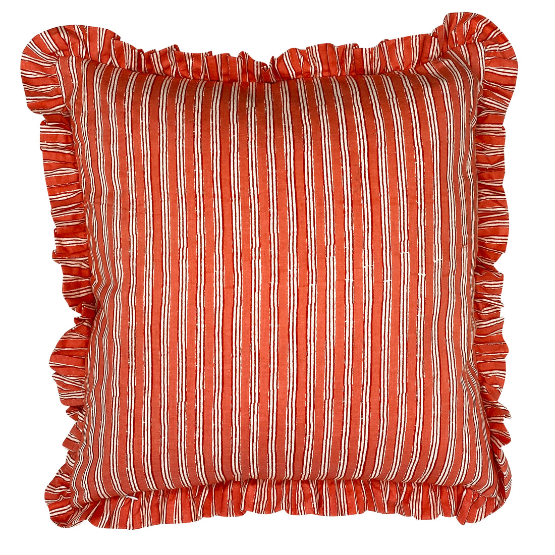 Large hand block frilled cotton cushion - Sally in Coral – Huddle ...