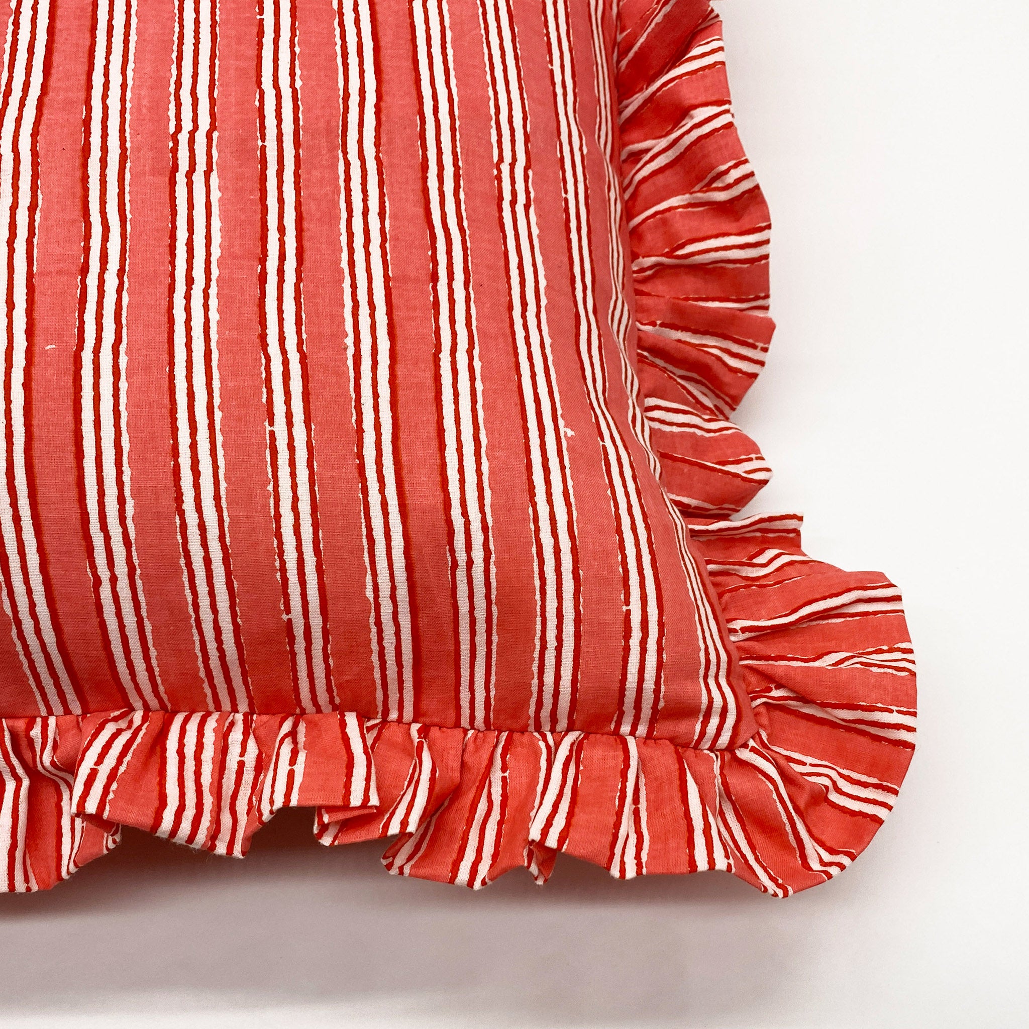 Large hand block frilled cotton cushion - Sally in Coral – Huddle ...