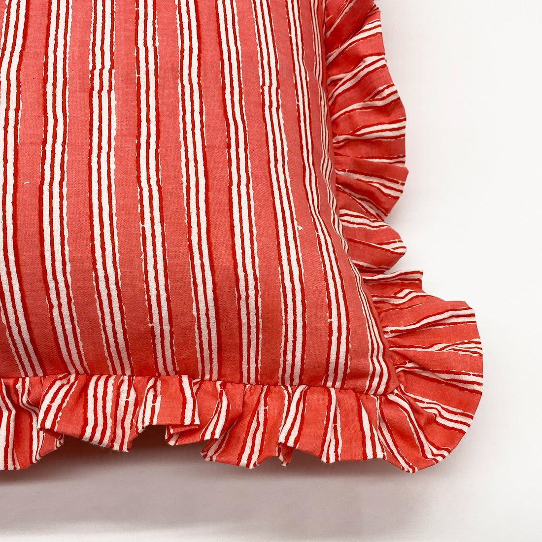 Large hand block frilled cotton cushion - Sally in Coral – Huddle ...